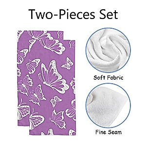 Hand Bath Towels 2 Pack Purple Butterflies Absorbent Face Fingertip Towels for Bathroom Kitchen Gym Spa Soft Hair Drying Cloth Quick Dry, 30 x 15 Inch