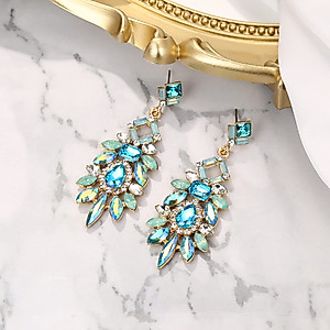BriLove Art Deco Rhinestone Marquise Emerald Cut Rectangle Geometric Statement Earrings for Women Iridescent Blue Gold-tone