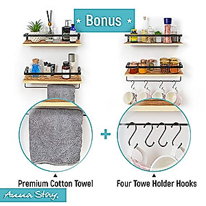 TRIVETRUNNER -ANNA STAY Floating Shelves Wall Mounted for Bathroom and Storage Shelves for Kitchen Set of 2, with Towel Bar, Cotton Towel Included (Light Brown)