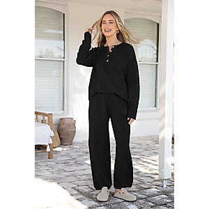 PRETTYGARDEN Women's 2 Piece Tracksuit Outfits 2024 Fall Knit Sweater And Wide Leg Pants Sweatsuit Lounge Sets (Black,Large)
