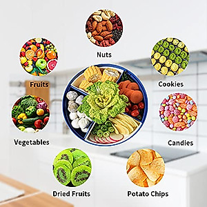 XKXKKE Divided Serving Dishes with Lid, Serving Tray with Lid, Round Divided Plates, Sectional Serving Tray Removable Party Snacks Tray for Candies, Nuts, Veggies, Fruits and Appetizer (Blue)