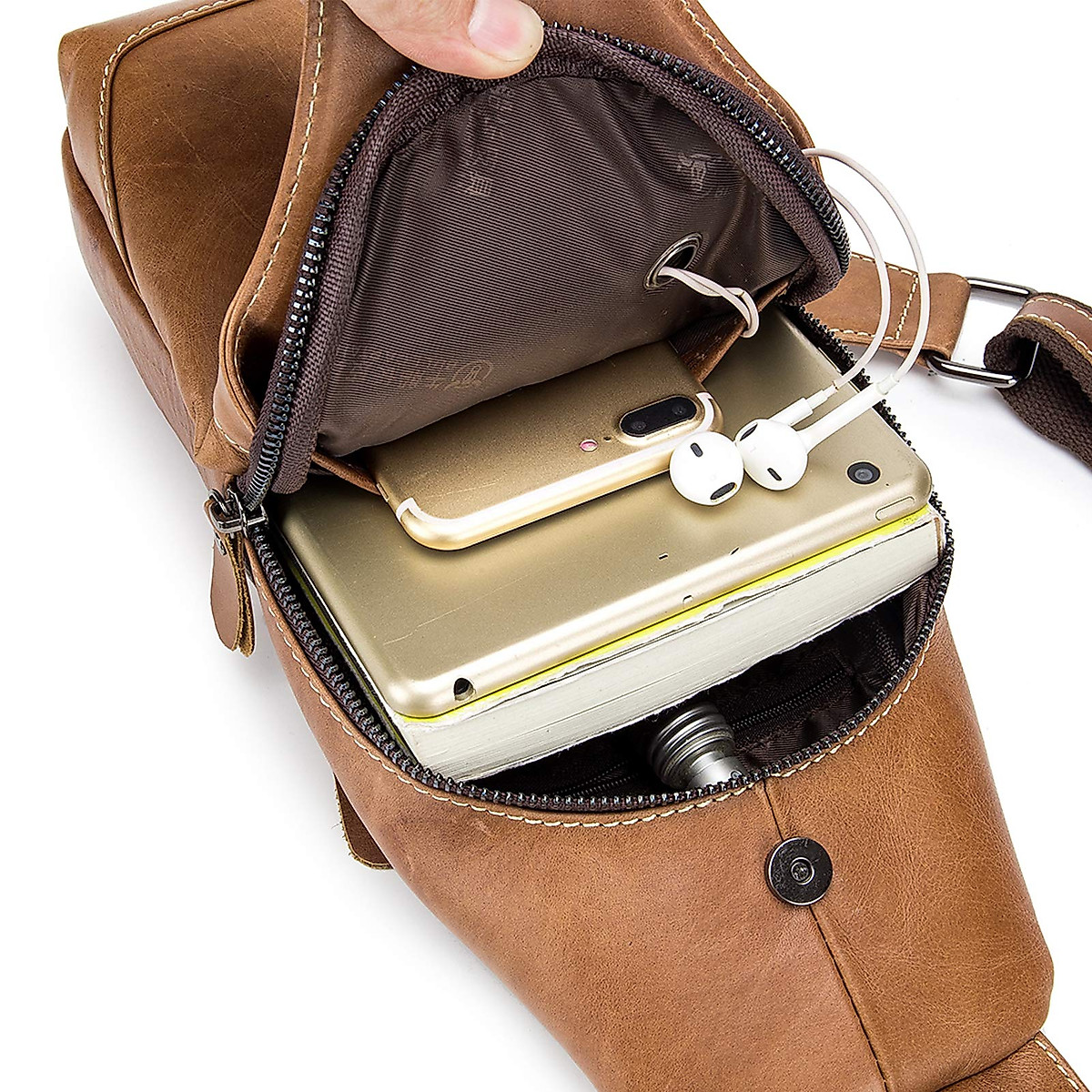 BULLKNIGHT Genuine Leather mens Chest Bag Casual Crossbody Bag Shoulder Sling Bag Travel Hiking Backpack HBK-XB019 (BROWN#2)