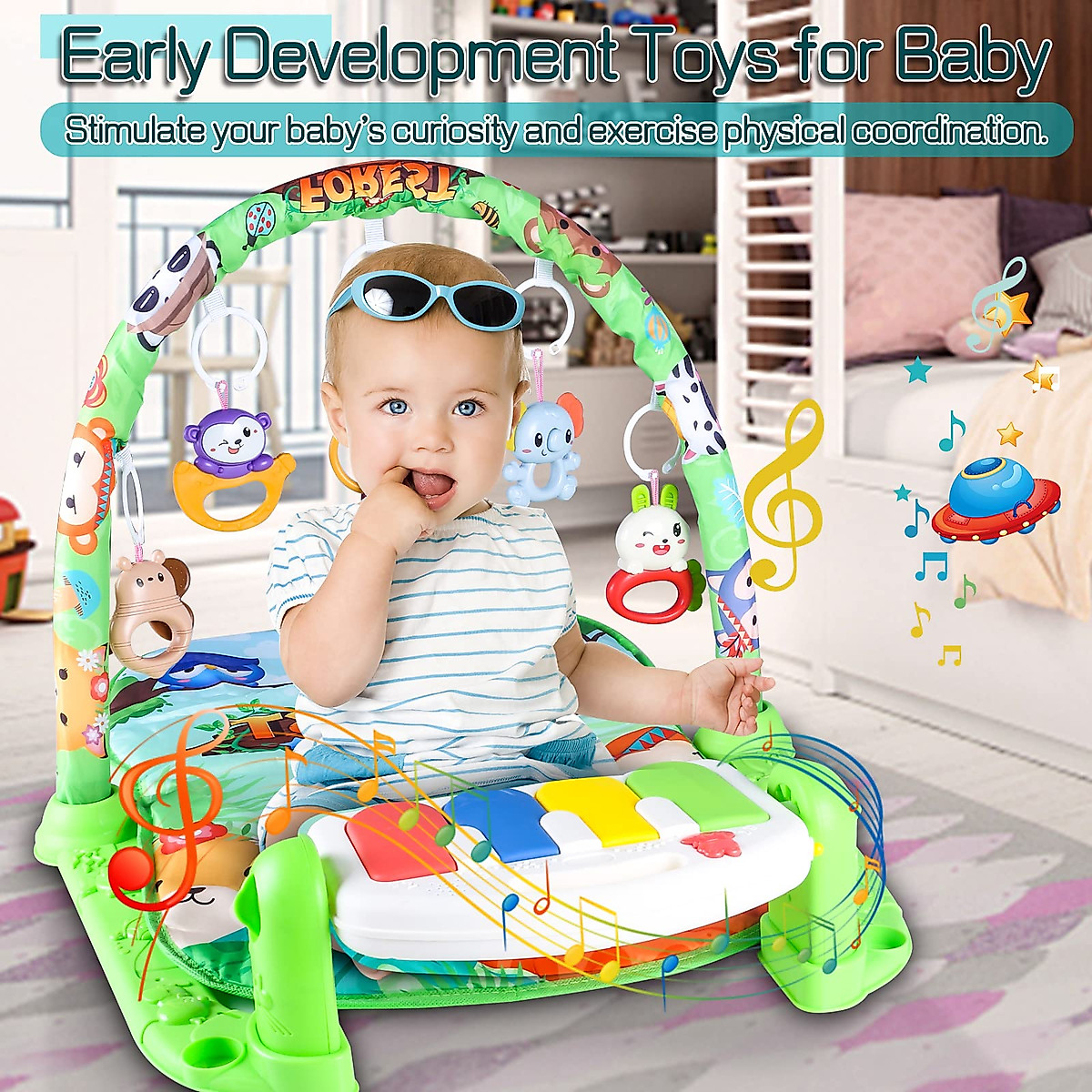 Baby Play Gym Mats, Baby Activity Mat for Sensory and Motor Skill Development, Baby Funny Play Piano Gym with Music and Lights Activity Gym Play Mat Center for Newborn 0-12 Months