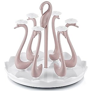 MOLIGOU Cup Drying Rack, Mug Dryer Rack with Drip Tray, Rotating Bottle Drying Stand Holder for Kitchen Counter, 6 Holders (Pink Swan)