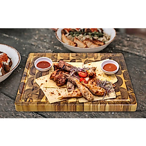 Cutting Board (17x13x1,5in) End Grain Cutting Board, Acacia Wooden Cutting Board, Butcher Block, Chopping Board - Reversible Multipurpose For Kitchen with Juice Groove, Cracker Holder & Inner Handles.