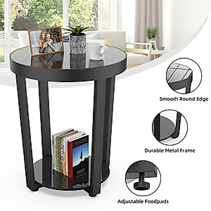 NSFRCLHO Round End Table, Tempered Glass End Table with Metal Frame, Small Coffee Table, Black Sofa Side Table for Living Room, Balcony, Bedroom