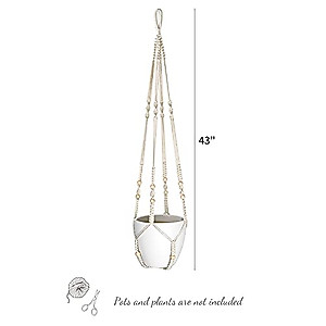 Mkono 43 Inch Macrame Plant Hanger Large for up to 12 Inch Pot Extra Long Hanging Plant Holder No Tassels Hanging Planter Basket with Wood Beads for Indoor Outdoor Boho Home Decor, Ivory
