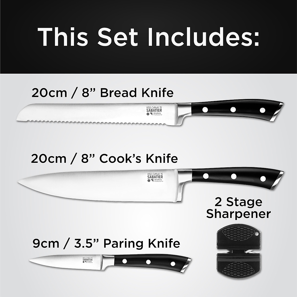 Wrenbury Professional Kitchen Knives Set of 3 German Grade - Sabatier Ultra Sharp Stainless Steel with Sharpener - Full Tang Chef Knife Set - All Purpose Utility Set