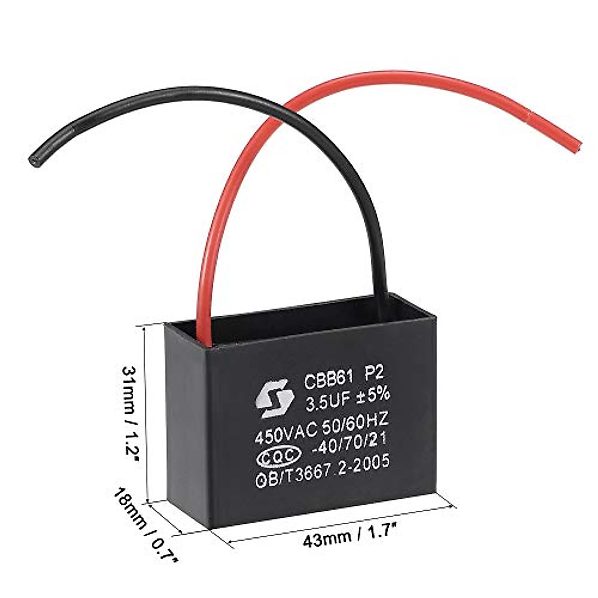 uxcell Ceiling Fan Capacitor CBB61 3.5uF 450V AC 2 Wires Metallized Polypropylene Film Capacitor 43x31x18mm for Electric Fan Pump Motor Generator 2Pcs