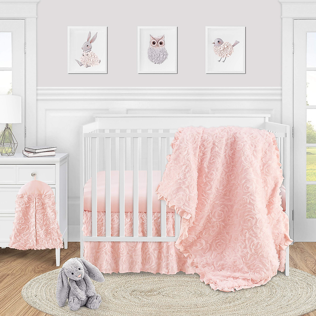 Sweet Jojo Designs Pink Floral Rose Baby Girl Nursery Crib Bedding Set - 4 Pieces - Solid Light Blush Flower Luxurious Elegant Princess Vintage Boho Shabby Chic Luxury Glam High End Ruffle Roses