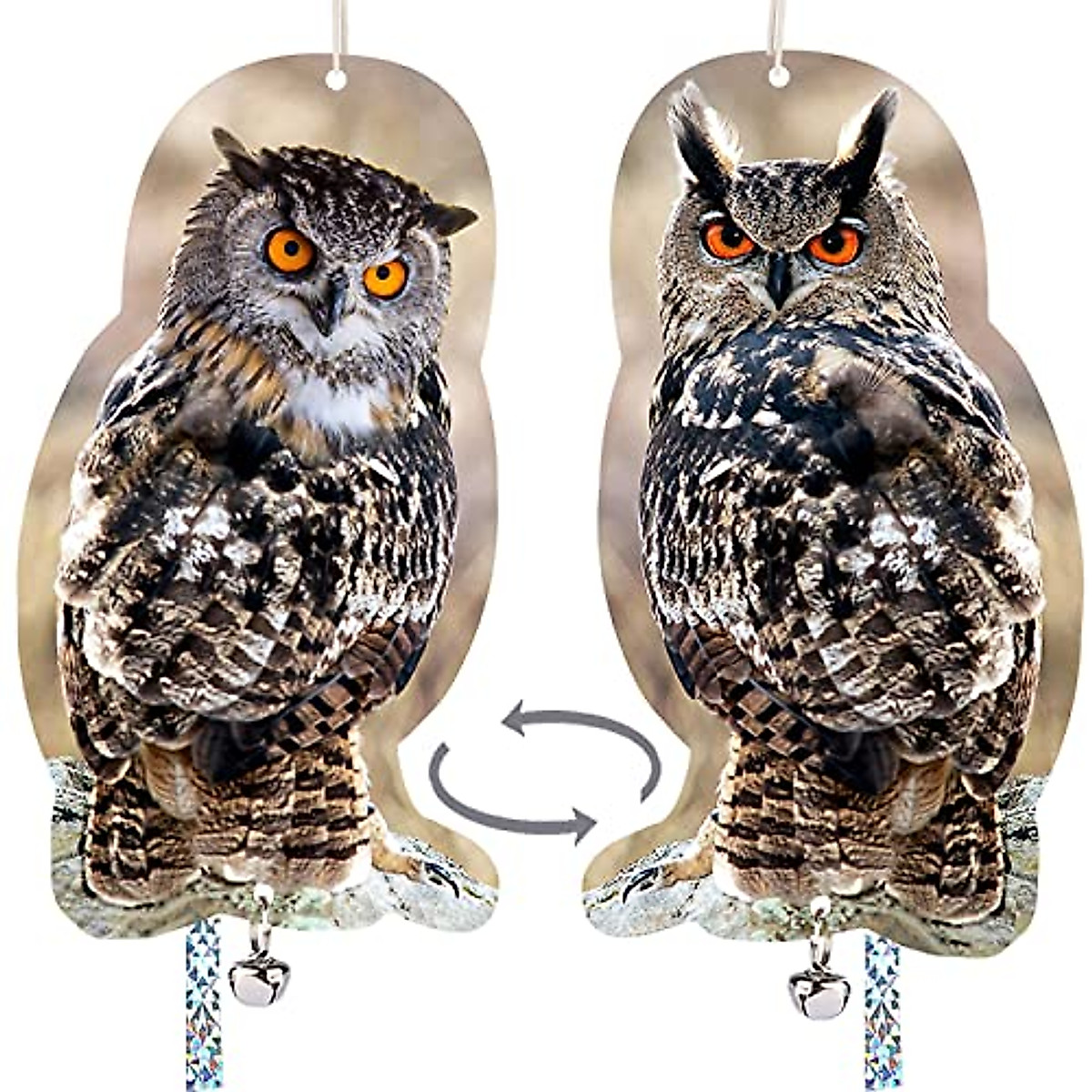 kungfu Mall Bird Scarer, 2 Pack Fake Owls to Keep Birds Away, Reflective Owl Hanging Decoration, Dual-Side Printed Raster Fake Hawk Eagle to Keep Birds Away from Garden Patio Windows