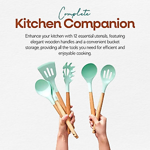 Silicone Cooking Set, 12 pcs Kitchen Utensils Set, Wooden Handle, Bucket Storage, High-Temperature Resistance, Scratch-Free, Cooking Spoons for Nonstick, Best Kitchen Tools, 1st Apartment Kitchen