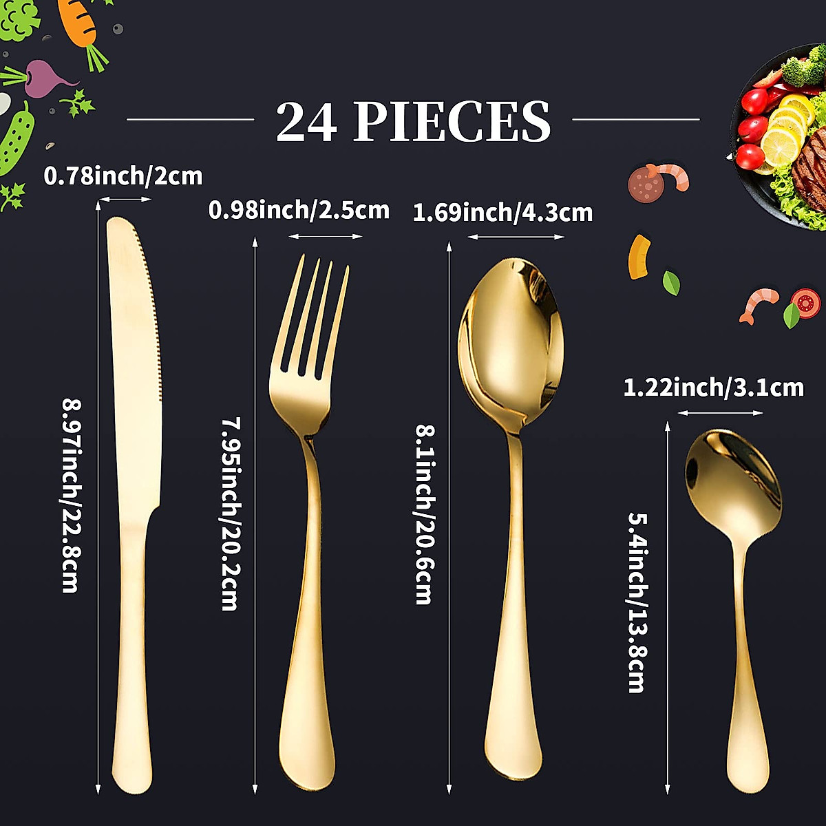 Budvibe 24 PCS Silverware Flatware Cutlery Set for 6 with Holder, Heavy Duty Stainless Steel Mirror Polished Gift Package Utensils for Home, Weddings, Hotels, Kitchen (Gold)