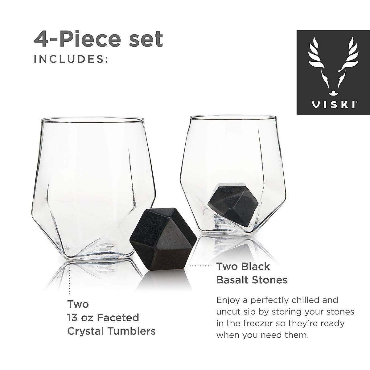 Viski 4-Piece Tumbler and Basalt Stone Set, Set of 2 Glasses, Rocks Glass with Whiskey Stones, Faceted and Hexagonal Design, Set of 4