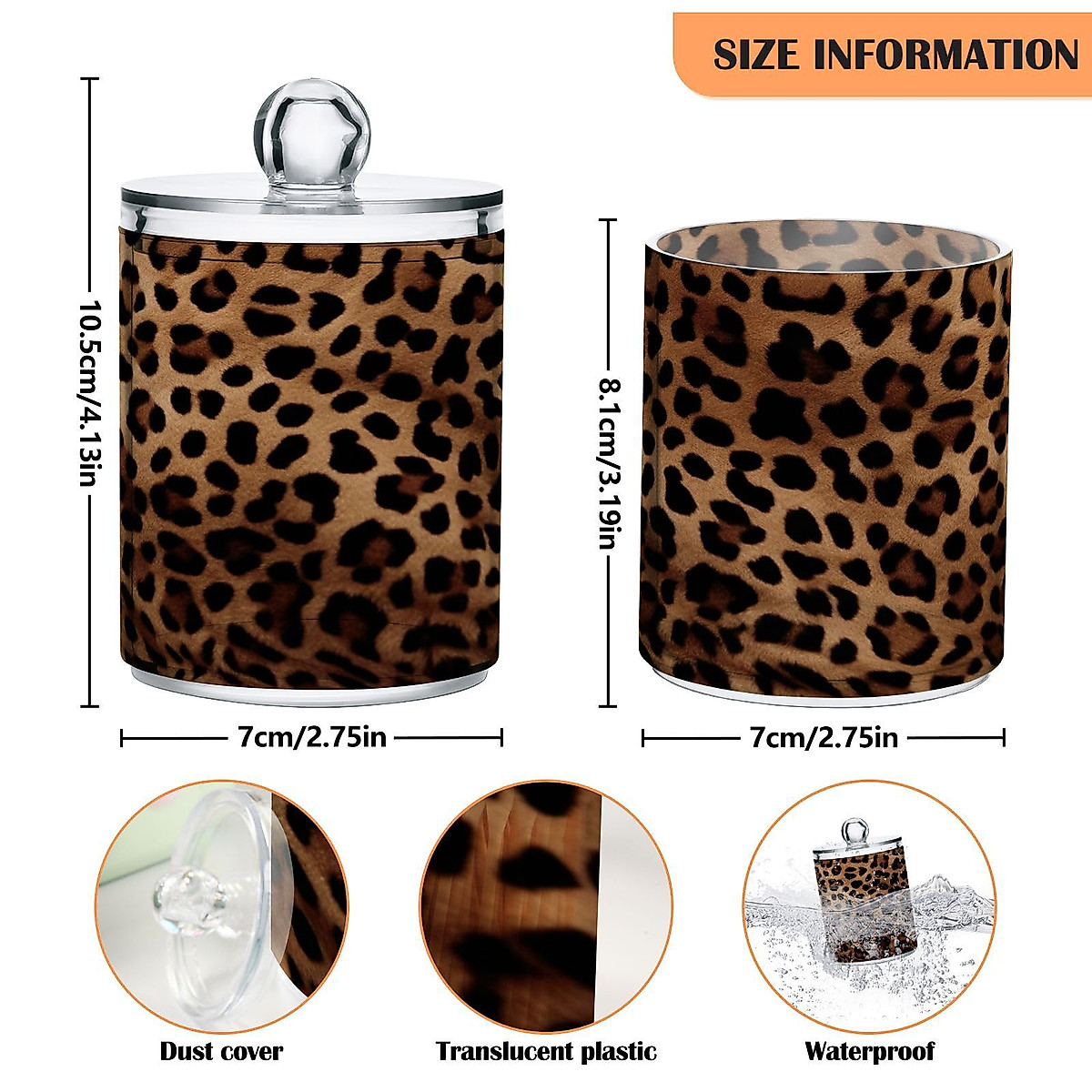 SDMKA 4 Pack Apothecary Jars Bathroom Leopard Print Qtip Holder Dispenser Clear Plastic Storage Canister Jar with Lid for Cotton Ball, Cotton Swab