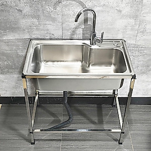 KARFER Utility Sink, Freestanding Single Bowl Sink, Commercial Restaurant Stainless Steel Sinks for Outdoor Indoor, Garage, Laundry/Utility Room (Color : Single Cold Faucet, Size : 58 * 43cm)