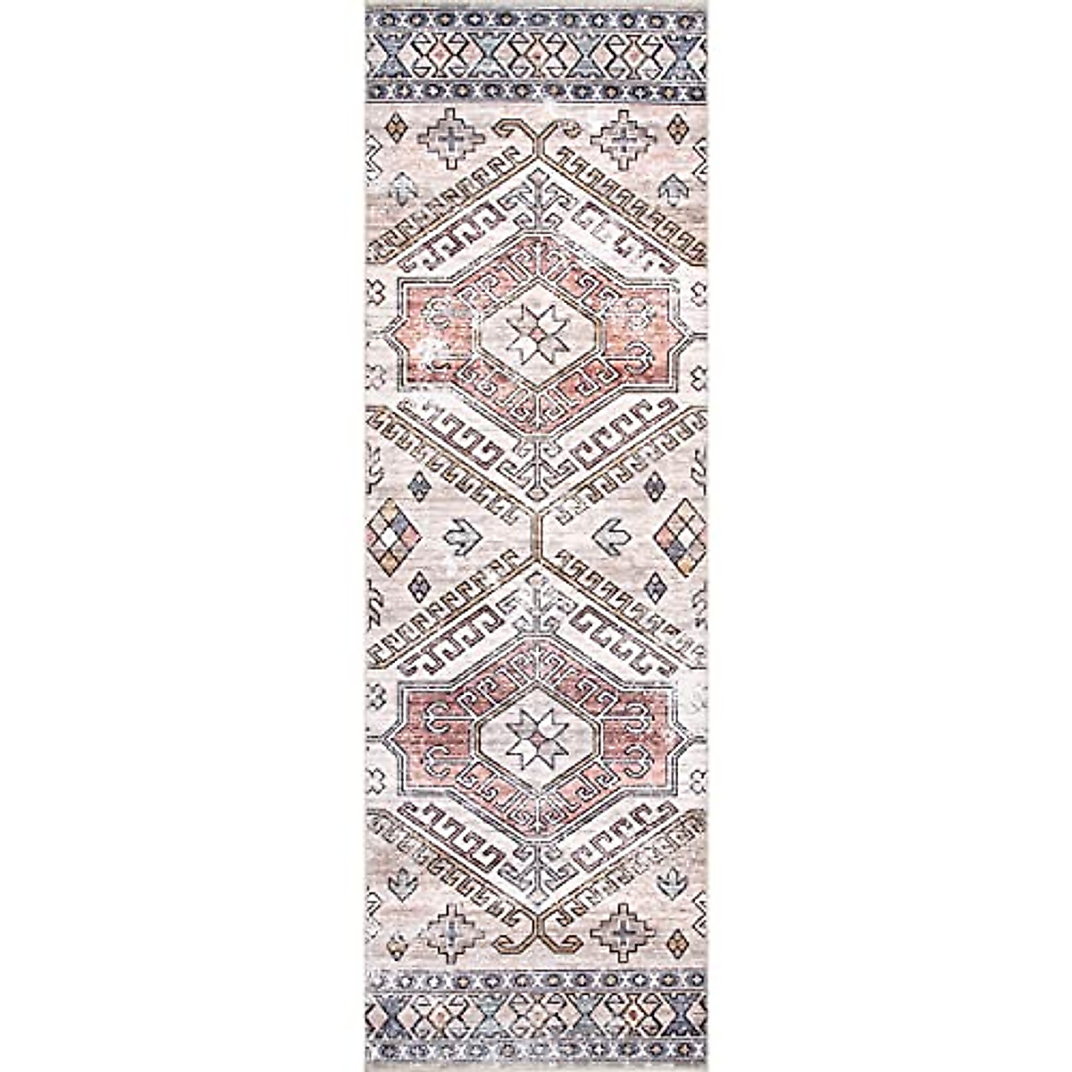 nuLOOM Mae Machine Washable Tribal Motif Runner Rug, 2' 6" x 12', Peach