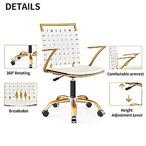CAROCC Gold Computer Chair Gold Office Chair Desk Chair for Women White and Gold Desk Chair with Wheels and arms Computer White and Gold Desk Chair（3013-GD-white）