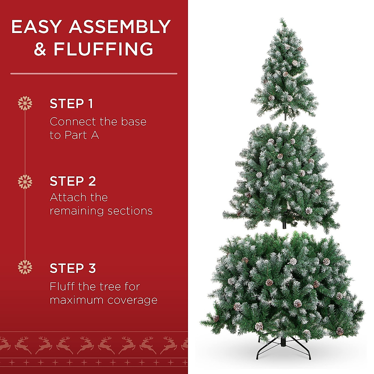 Best Choice Products 6ft Pre-Decorated Holiday Christmas Tree for Home, Office, Party Decoration w/ 1,000 PVC Branch Tips, Partially Flocked Design, Pine Cones, Metal Hinges & Base