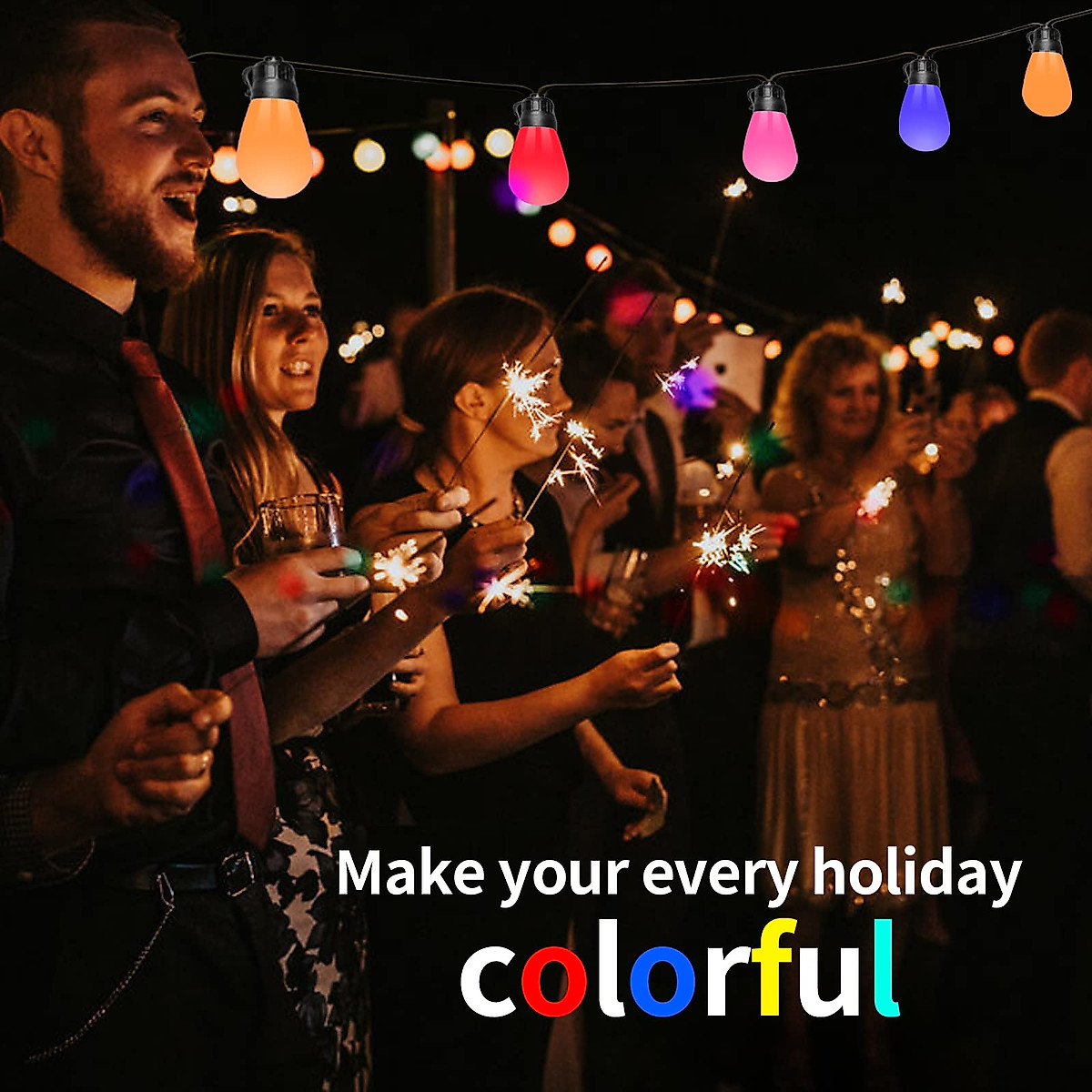 morefulls Outdoor String Lights - 48ft Multi-Color LED Patio Lights Withwith 15 Dimmable RGB LED Bulbs App Control IP65 Waterproof Colorful LED Bulbs