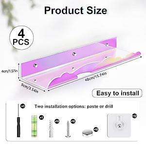 wooshwa Iridescent Rainbow Acrylic Floating Shelves,15in Kids Wall Mounted Nursery Bookshelves, Display Ledge for Books Toys Cosmetic, Bathroom Bedroom Living Room Wall Decor and Storage, 4 Pack