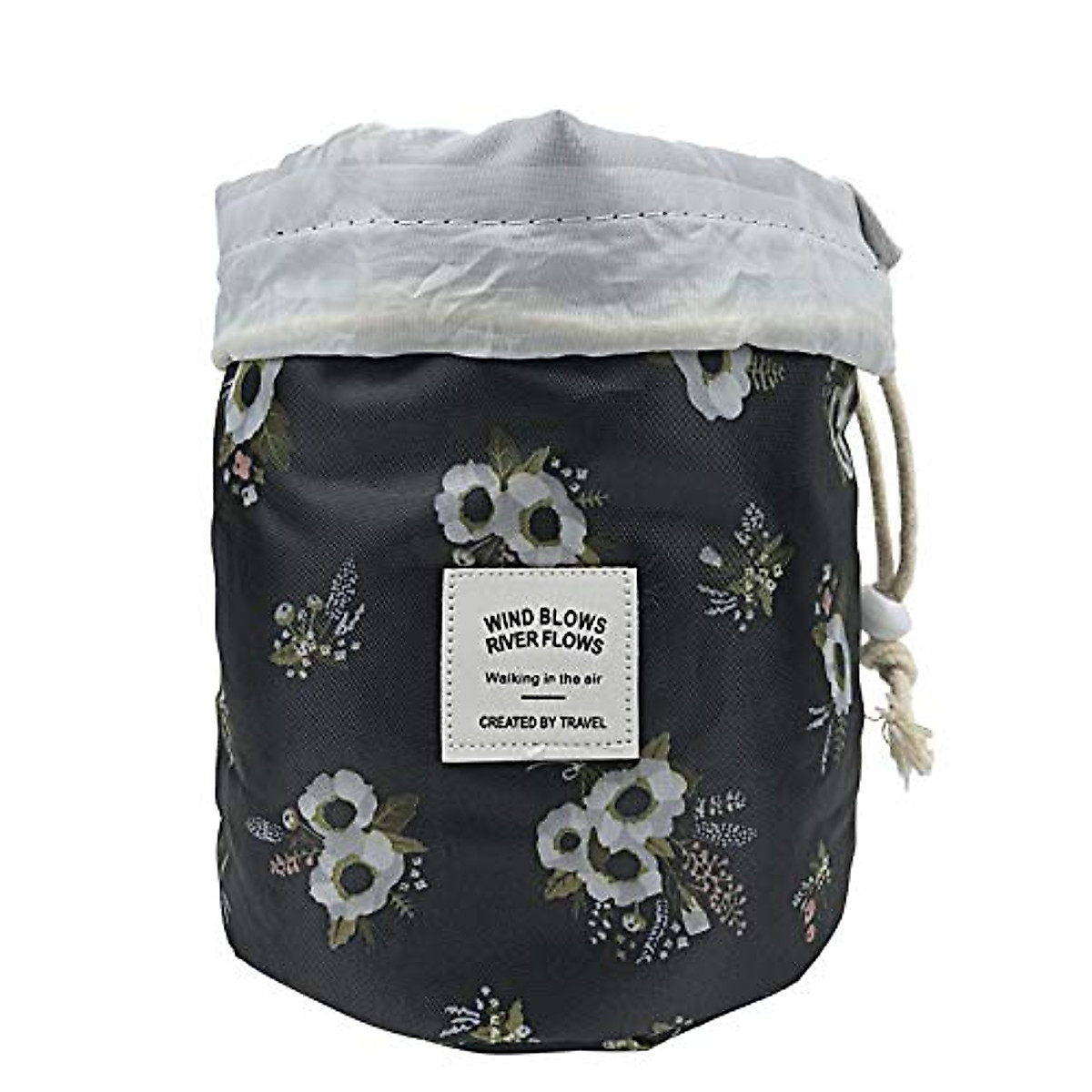 WONSHREE Drawstring Cosmetic Bag Lazy Travel Makeup Bag Barrel Toiletry Bag Organizer Portable Quick Packing Pouch for Women Girls, Black Flowers