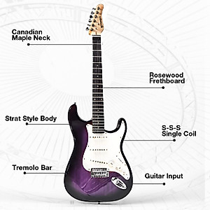 Purple Electric Guitar Beginner Kit Full Size 39 Inch Set Includes Tremolo Guitar, 20W Amplifier 3 Picks, Shoulder Strap, Tuner, Bag Case