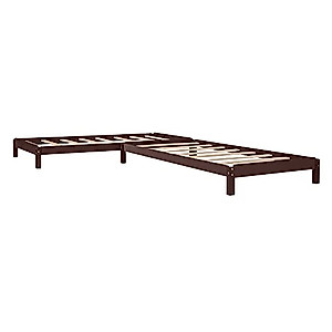 Solid Platform Bed Twin Size Wood Stackable Twin Beds with Wooden Slats Convertible Floorbed Frame Without Headboard for Girls Boys Teens, No Box Spring Needed – Two Beds Set (Walnut)