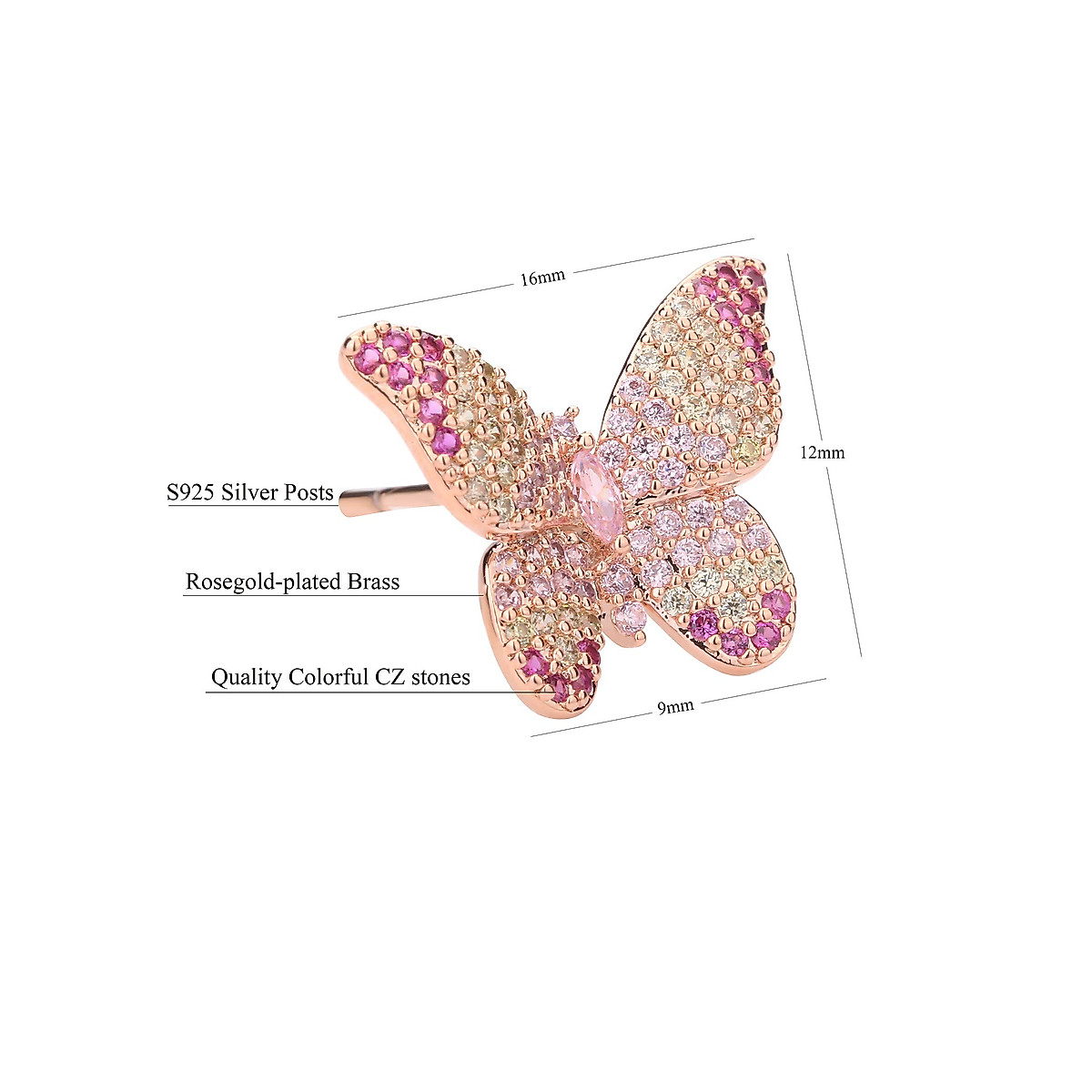 ANNBABIC Colorful CZ Butterfly Stud Earrings for Women - Cubic Zirconia Paved Butterfly Earrings - Butterfly Earrings Plated in RoseGold