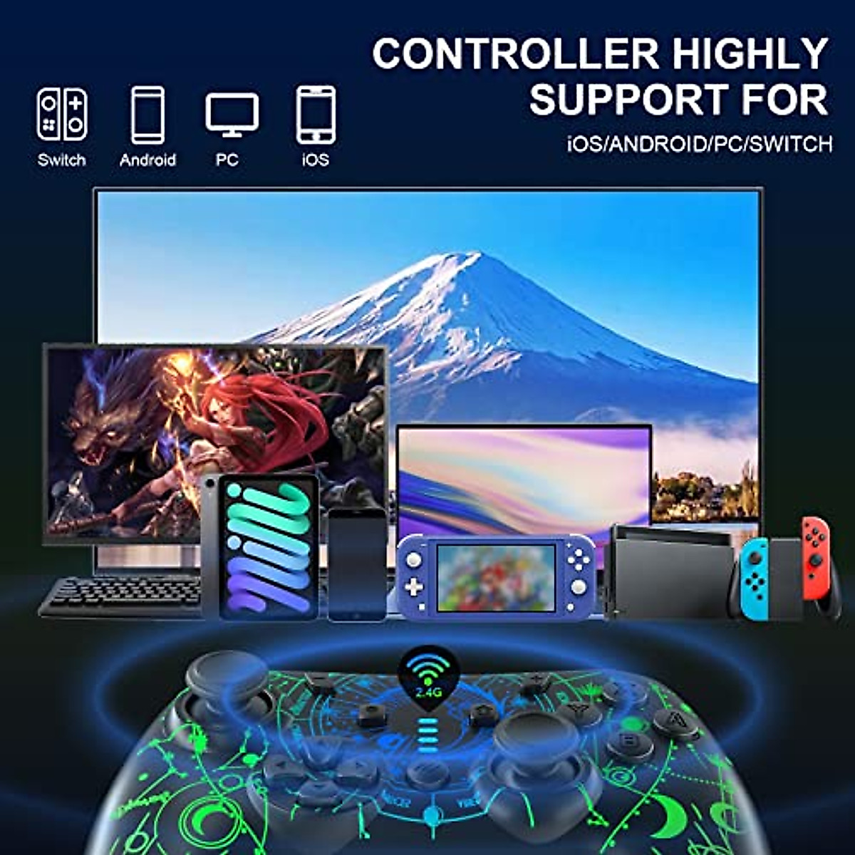 PowerLead Wireless Switch Pro Controller for Switch Lite/Switch OLED - Game Controller Compatible with PC, Android, Tablet with LED Light, Programmable Buttons, Turbo, Motion, and Dual Motor
