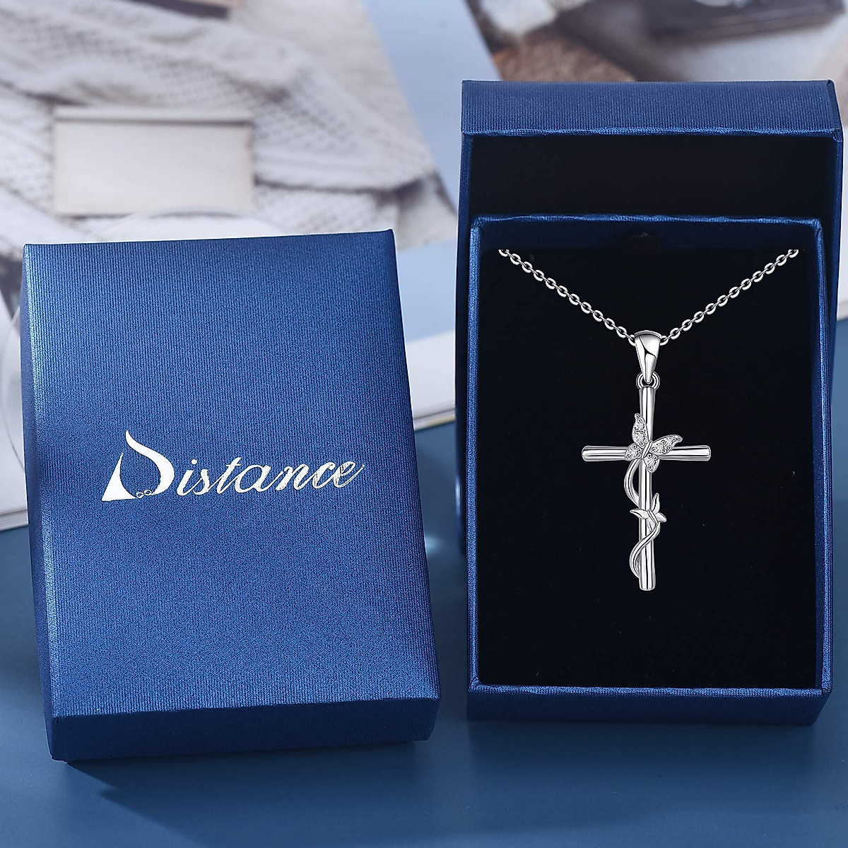 Distance Cross Necklace for Women 925 Sterling Silver Double Butterfly Pendant Necklace for Mom Wife Gift for Mother's Day or Birthday