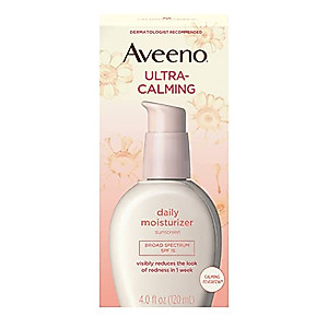 Aveeno Ultra-Calming Daily Facial Moisturizer for Sensitive, Dry Skin with Broad Spectrum SPF 15 Sunscreen, Feverfew & Nourishing Oat, Oil-Free and Hypoallergenic, Basic, Unscented, 4 Fl Oz