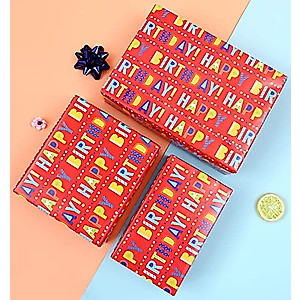 CAMKUZON Birthday Wrapping Paper with Cut Lines on Reverse - 3 Large Sheets Colorful Happy Birthday Gift Wrap for Girls Boys Kids Women Men Baby Shower Party - 27 Inch X 39.4 Inch Per Sheet