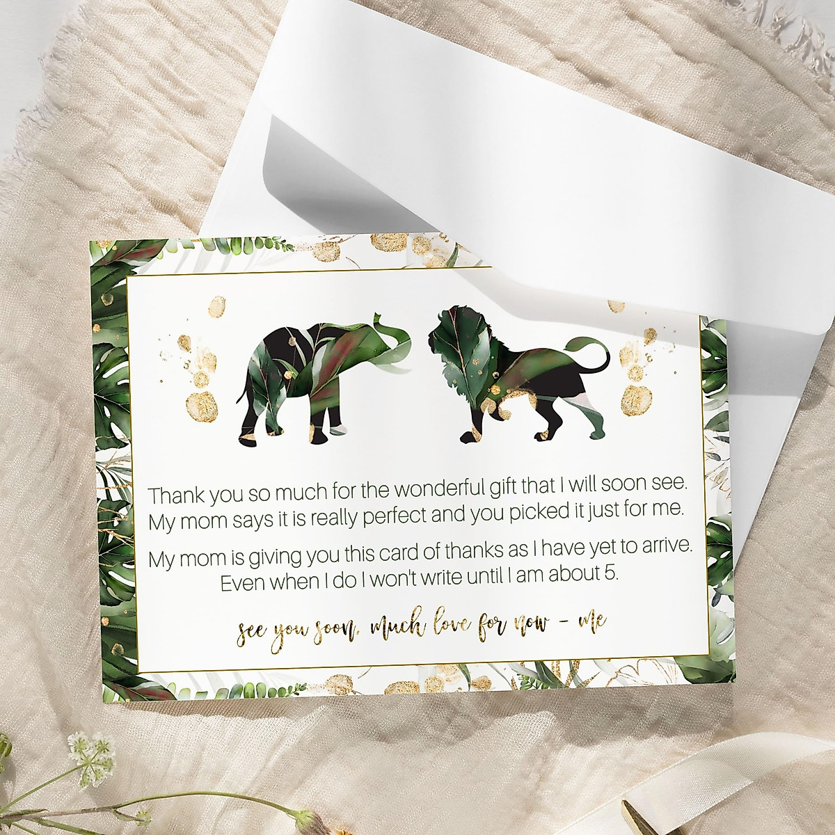 Paper Clever Party Tropical Jungle Baby Shower Thank You Cards with Envelopes - 25 Pack - Blank Notes with Prefilled Message for Gender Neutral Gifts - Royal Green and Gold 4x6 Stationery Set