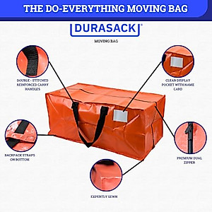 DURASACK Heavy Duty Moving Bag Storage Container Duffle Bag with Zipper, Reinforced Carry Straps and Backpack Straps, Made of Rugged Woven Polypropylene, Pack of 4, Orange