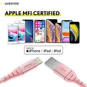 overtime iPhone Charger Set, Apple MFi Certified Lightning Cable with Dual USB Wall Adapter 2.4 AMP Compatible w/iPhone 11 Pro Max XS XR X 8 7 6S 6 Plus SE AirPods iPad (Rose Gold/Rose Gold, 10ft)