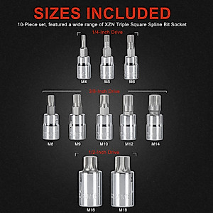 AOBEN 15 PCS XZN Triple Square Spline Bit Socket Set, S2 Alloy Steel Bits with Cr-V Steel Socket, M4-M18, Includes Socket Adapters