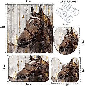SiMiWOW Horse Shower Curtain Western Cowboy Shower Curtain Set with Rugs Wild Animal Shower Curtain with Hooks,Brown Horse Bath Mat Bath Rugs Bathroom Decor Set of 4 Pieces