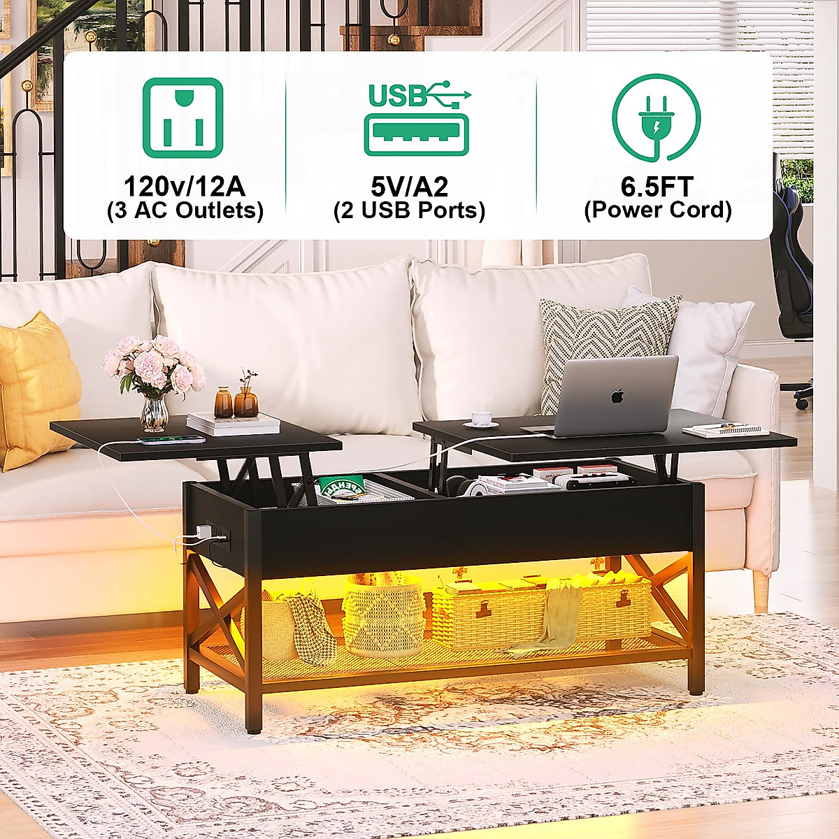 Besiost Lift Top Coffee Table with Storage, LED Light & Power Outlet and Hidden Compartment, Retro Center Table for Living Room, X Support Wood Tabletop, Metal Frame