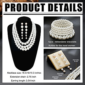 FINREZIO Women's Faux Three Multi-Strand Pearl Necklace Long Pearl Dangle Earrings and Bracelet Jewelry Set for Women