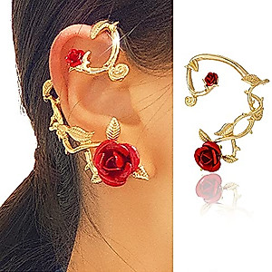 Retro Rose Flower Climbers Crawler Jacket Earrings Sparkly Metal Left Ear Cuff Wrap Clip Stud Earring for Women Fashion Jewelry 1 PC (Gold)