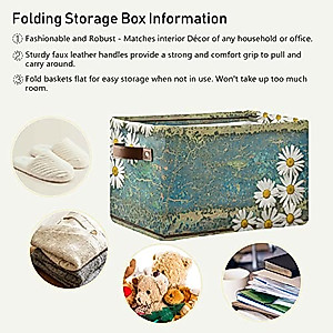 Flower Floral Daisy Wood Storage Bin Canvas Toys Storage Basket Bin Large Storage Cube Box Collapsible with Handles for Home Office Bedroom Closet Shelves，2 pcs