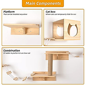 Cat Wall Shelves and Perches Set, Floating Cat Wood Climb Furniture, Cat Wall-Mounted Playing Climber, 2 Cat Houses & 4 Cat Shelves & 2 Ladders & 1 Cat Scratching Post