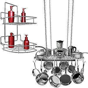 Vdomus pot rack ceiling mount cookware rack hanging hanger organizer with hooks (33 x 17 Inch) and Strong Shower Caddy 2 Tier Bathroom Corner Shelf Organizer Polished Chrome- No Drilling Needed Basket