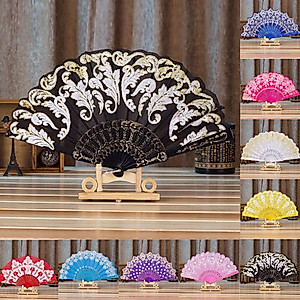 DUO ER Chinese/Spanish Style Dance Wedding Party Lace Silk Folding Hand Held Flower Fan (Color : Blue)