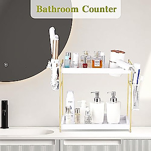 Bathroom Countertop Organizer with Hair Tool Storage Organizer, 2 Tier Bathroom Organizer Countertop with Hair Blow Dryer Holder, White Bathroom Counter Organizer with Basket for Vanity Counter