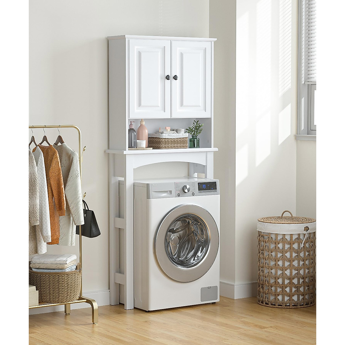 HAIOOU Over The Toilet Storage Cabinet with Motion Sensor LED Light, Double Door Bathroom Essentials Storage Organizer Space-Saving Toilet Rack with Buffering Hinges, Adjustable Shelf - Modern White