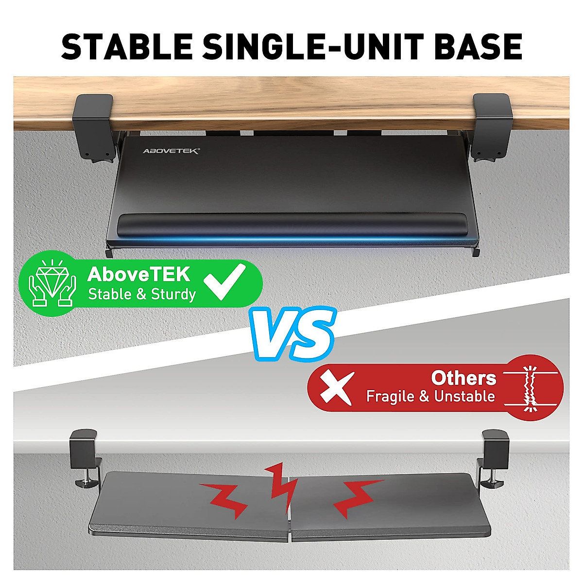 AboveTEK Large Keyboard Tray Under Desk with Wrist Rest, 26.7"×11" Ergonomic Desk Computer Keyboard Stand with Sturdy C Clamp Mount System, Slide-Out Drawer Keyboard Mouse Holder for Office(Black)