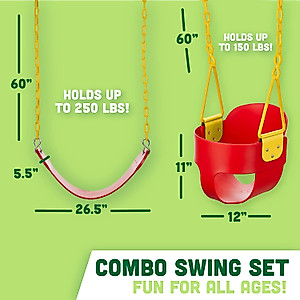 Combo - Deluxe High Back Full Bucket Swing (Triangle and Chain Dip) and Heavy-Duty Swing Seat with Carabiners - Red - Squirrel Products