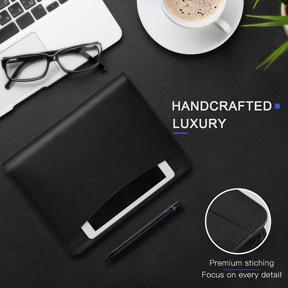 OOWOLF Padfolio Portfolio Folder, PU Leather Professional with Round Ring Binder 8.5 x 11 Inch Writing Pad Tablet Sleeve Interview Resume Document Organizer Business Card Holder Zippered Closure